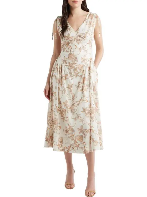 ZOE AND CLAIRE Nautical Print V-neck Sleeveless Midi Dress - Cream