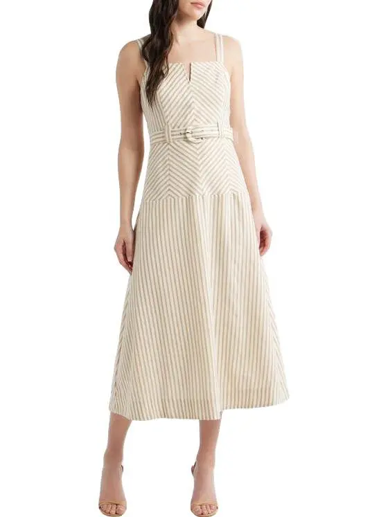 ZOE AND CLAIRE Striped Sleeveless Midi Dress With Belt - Light Brown