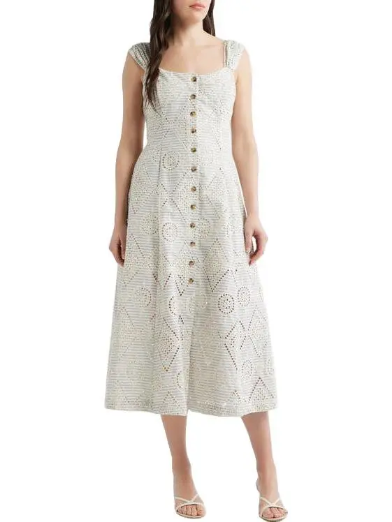 ZOE AND CLAIRE Eyelet Detail Stripe Midi Dress - Cream