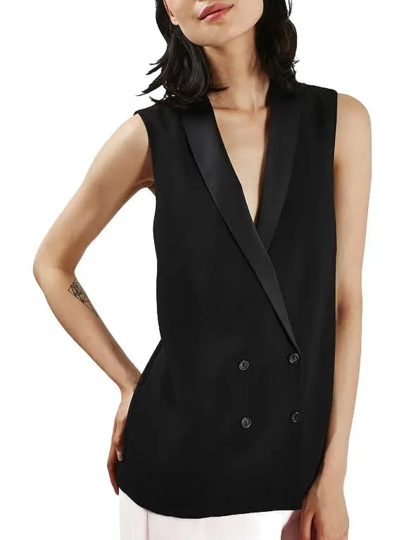 Topshop Sleeveless Double Breasted Shawl Collar Jacket - Black