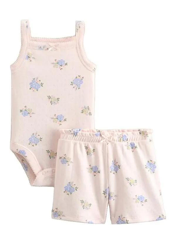 Nordstrom Cotton-blend Floral Tank Bodysuit And Shorts Set - Pink Heaven Flower Power