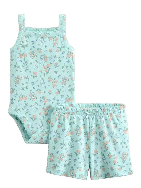 Nordstrom Cotton-blend Floral Tank Bodysuit And Shorts Set - Teal Delight Sugar Floral