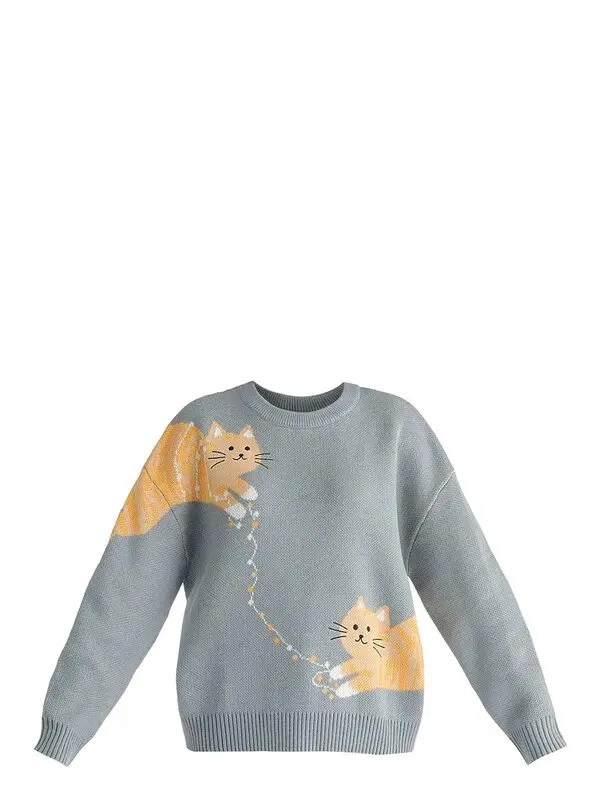 PAISIE Crew Neck Cat And Fairy Lights Jumper - Grey