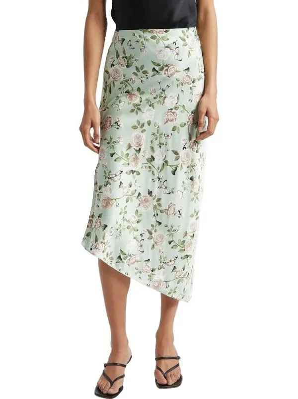 Alice + Olivia Maeve Mixed Print Asymmetric Satin Slip Skirt - Garden Gossip Light Sage