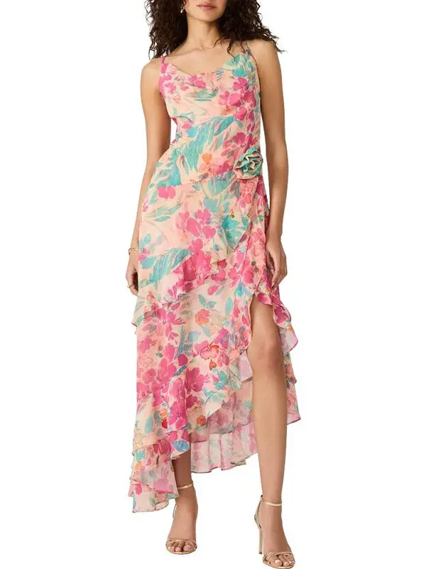 Steve Madden Sadie Floral Print Ruffle Maxi Dress - Tropical Breeze