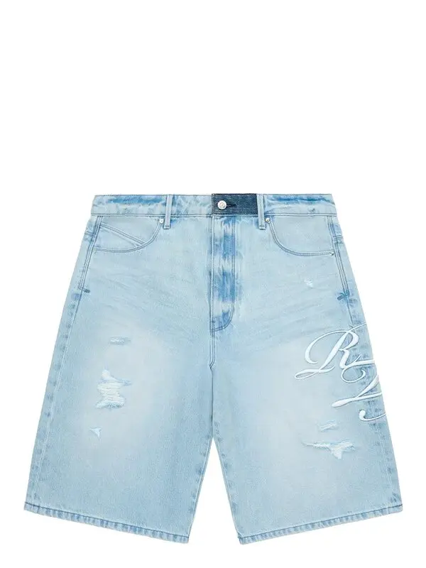 RtA Oversize Embroidered Denim Bermuda Shorts - Soft Horizon Cursive