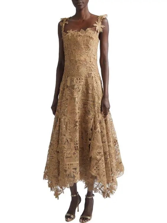 Oscar De La Renta Dominican Republic Toile Guipure Lace Cocktail Dress - Biscuit