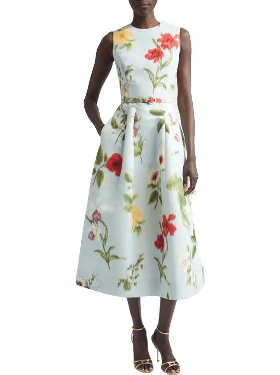 Oscar De La Renta Chiné Dominican Floral Faille Midi Dress - Saltwater Multi