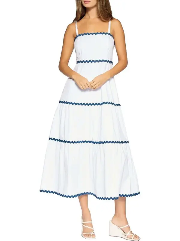 LOST + WANDER Luciana Tiered Sundress With Rickrack Trim - White-navy