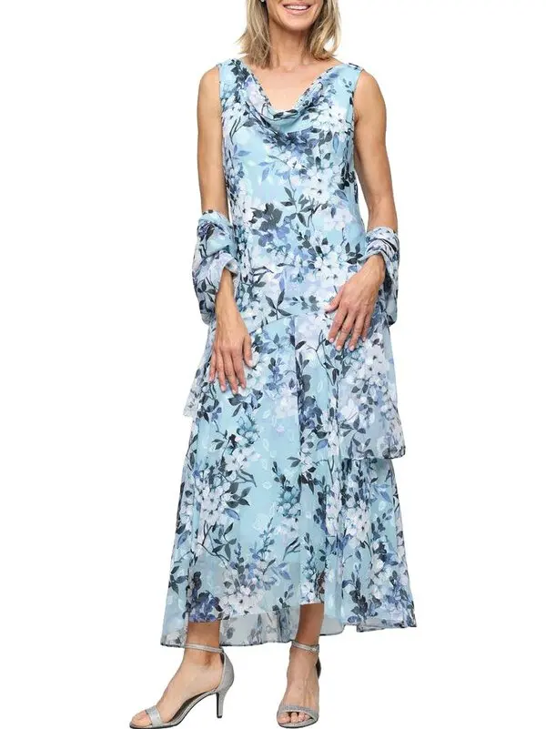 Alex Evenings Sleeveless Floral Print Burnout Chiffon Tea-length Dress With Shawl - Sage Multi