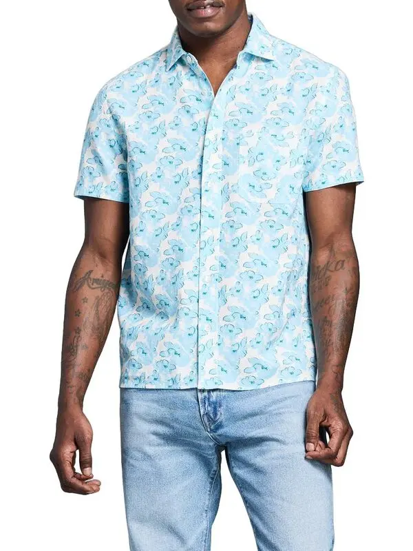 Billy Reid Painted Floral Short Sleeve Cotton Ripstop Button-up Shirt - Sky Blue Multi