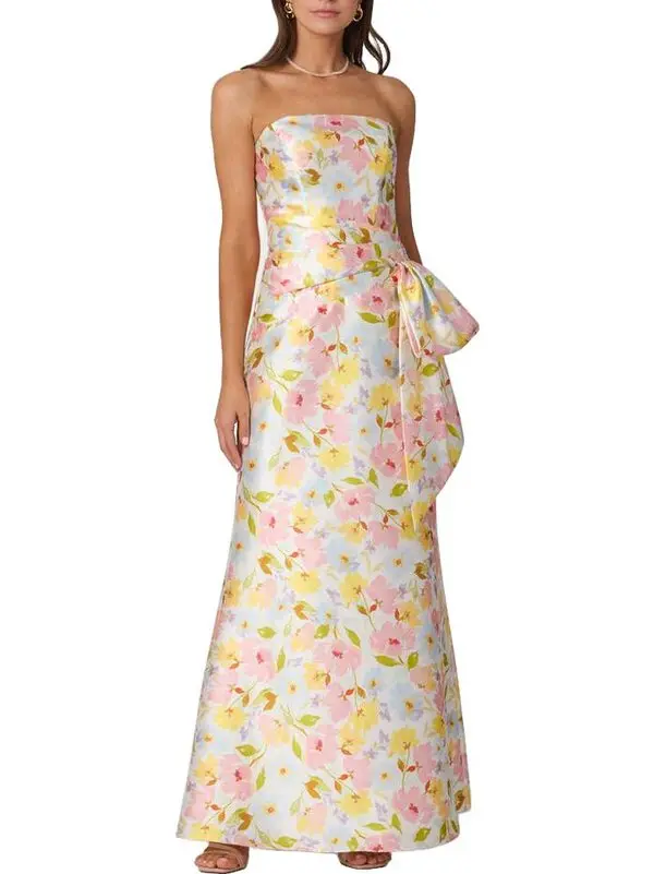 Shoshanna Floral Mikado Strapless Column Gown - Blush/sky/marigold