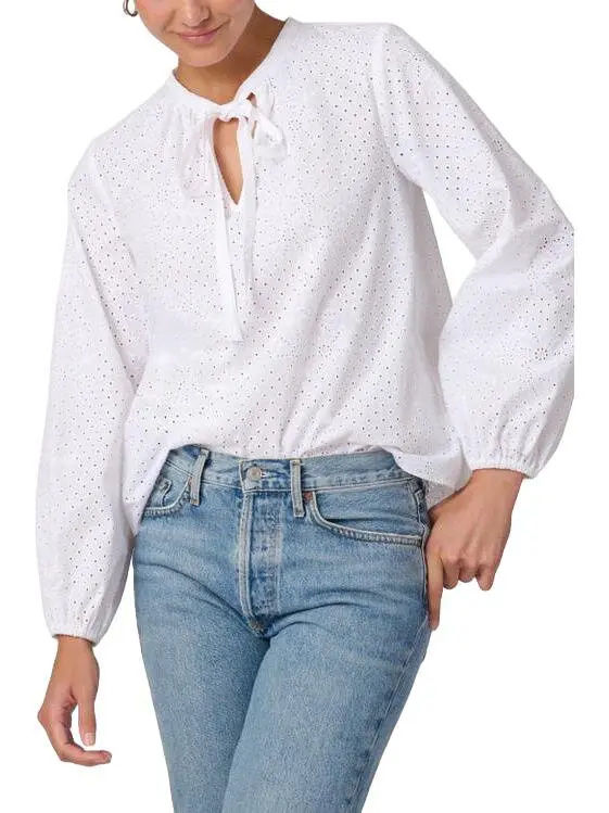 Shoshanna Classic Cotton Eyelet Tie Neck Blouse - Optic