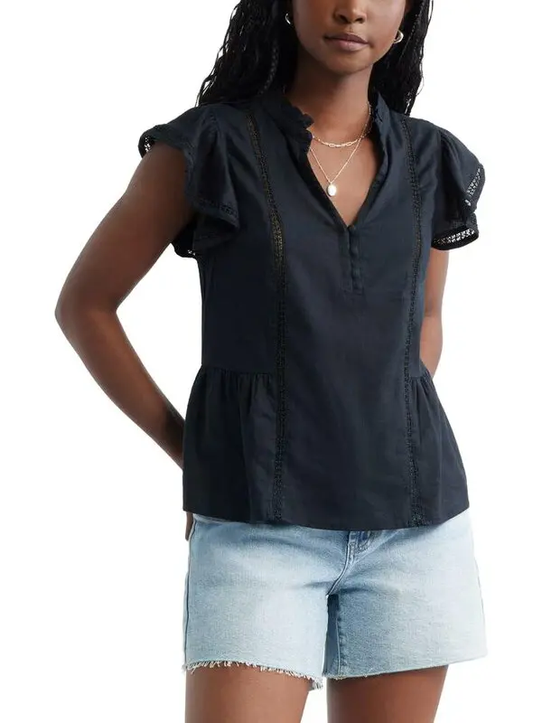 Caslon Ruffle Sleeve Lace Trim Popover Top - Black