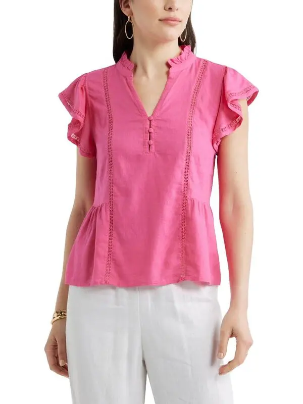 Caslon Ruffle Sleeve Lace Trim Popover Top - Pink Shock