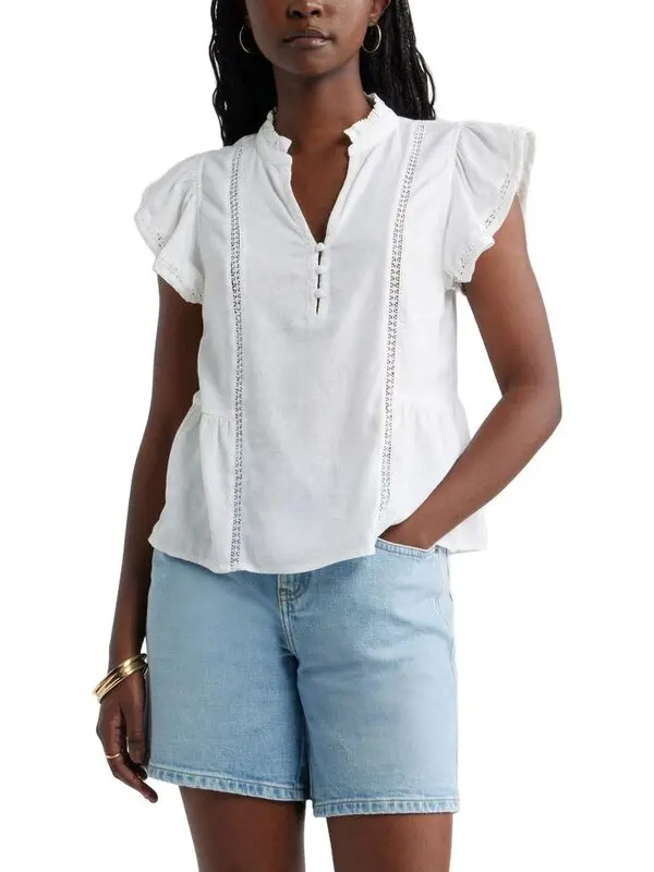 Caslon Ruffle Sleeve Lace Trim Popover Top - White