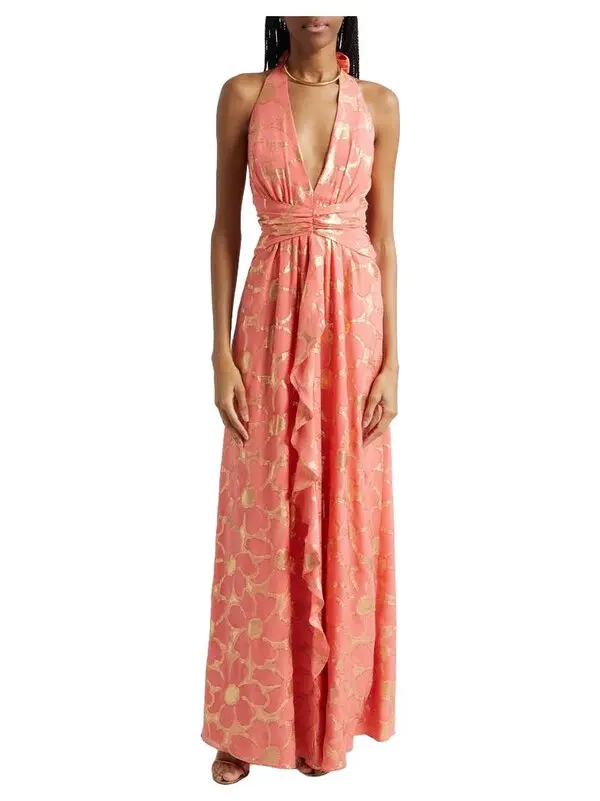 Ramy Brook Stephanie Metallic Daisy Print Halter Gown - Coral Jacquard