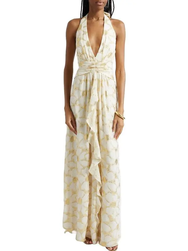 Ramy Brook Stephanie Metallic Daisy Print Halter Gown - Ivory Jacquard