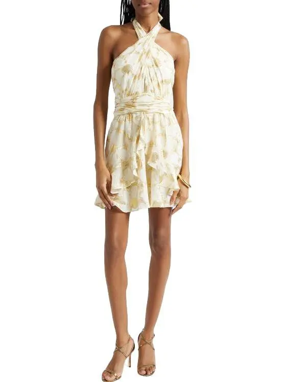 Ramy Brook Reuben Metallic Daisy Print Mini Halter Dress - Ivory Jacquard