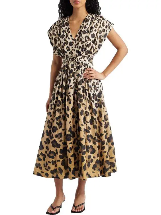 FREEMARKET Leopard Print Pleated Midi Shirtdress - Neutral Multi