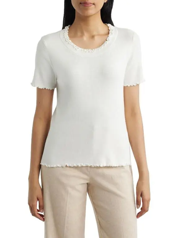 NIC+ZOE Ruffle Trim Short Sleeve Sweater - Paper White