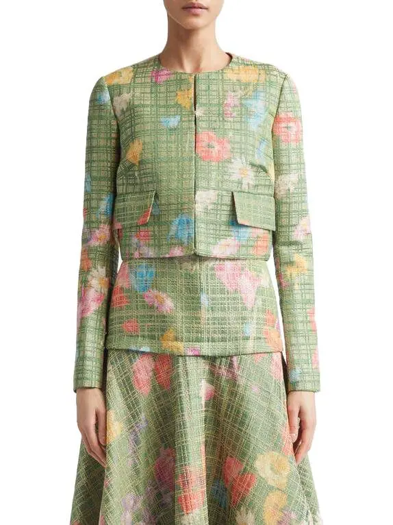 Lela Rose Floral Raffia Crop Blazer - Cactus Multi