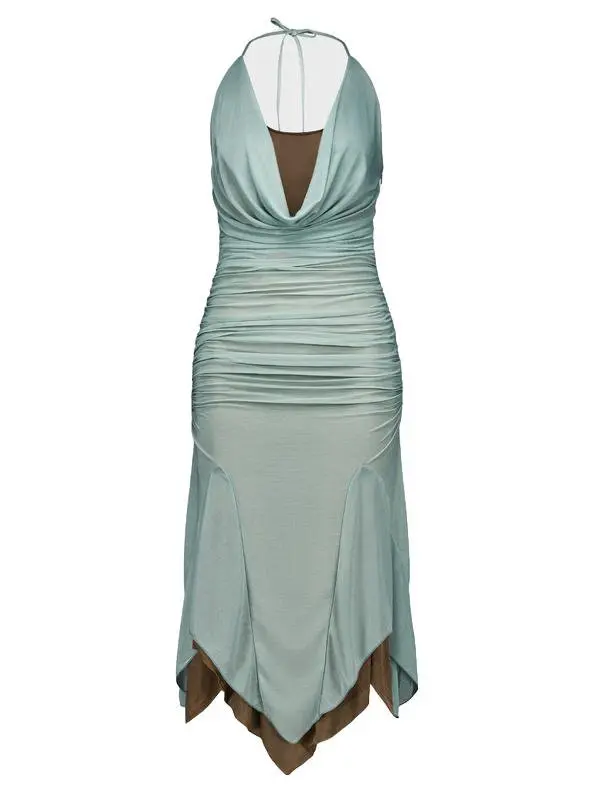 SAEMDI Evi Midi Dress With Halterneck And Asymmetrical Hem - Sage Green