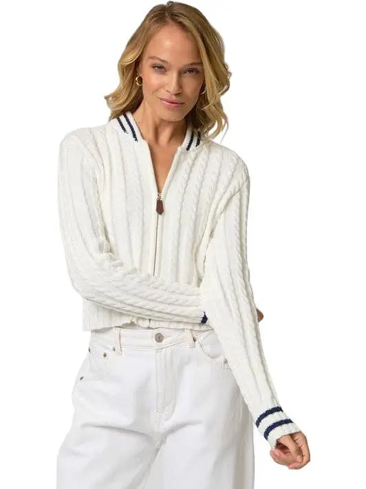 Central Park West Cable Knit Zip-up Bomber Sweater - White/navy