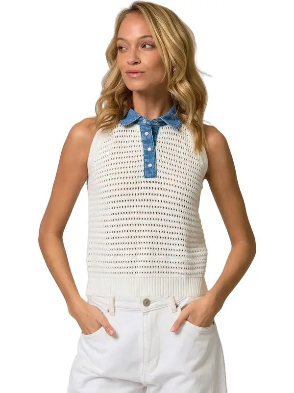 Central Park West Sleeveless Knit Polo With Contrast Collar - White
