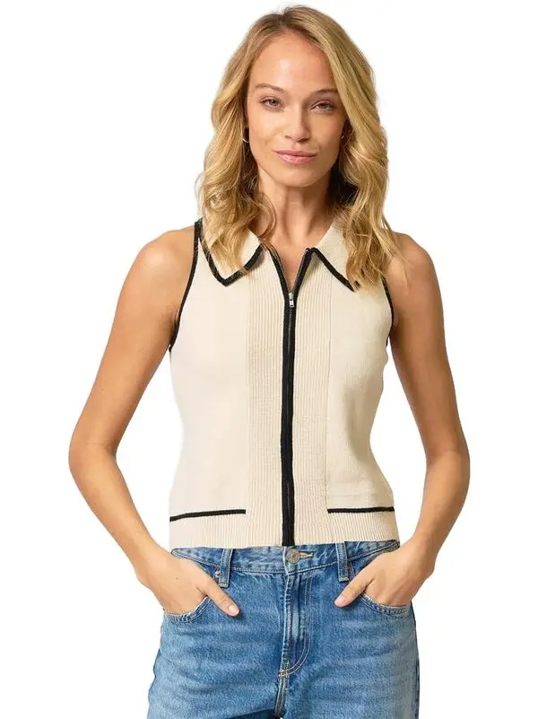 Central Park West Cora Zip Up Polo Knit Top - Flax