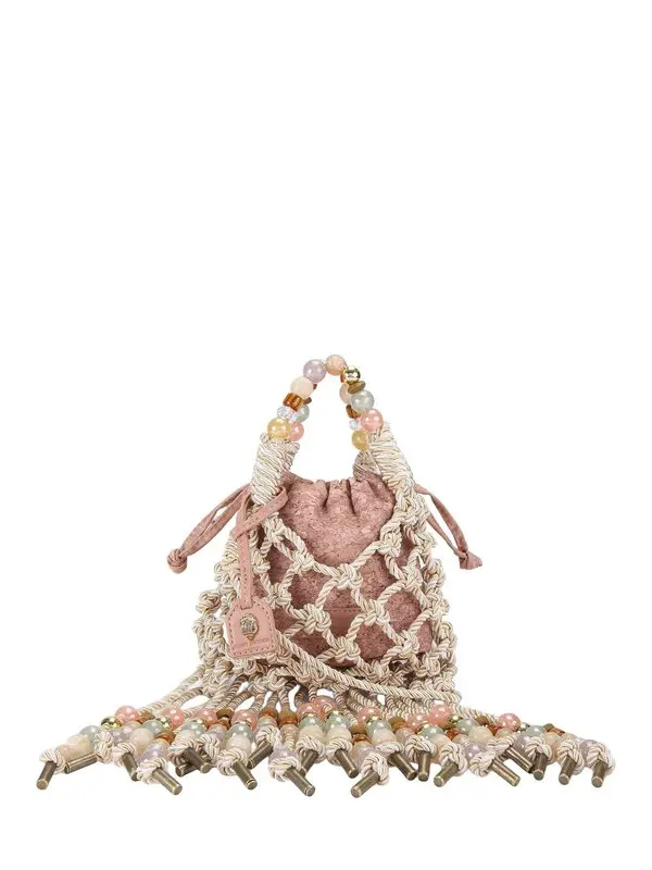 Kurt Geiger Mini Macramé Bag With Fringe And Beaded Top Handle - Cream Comb