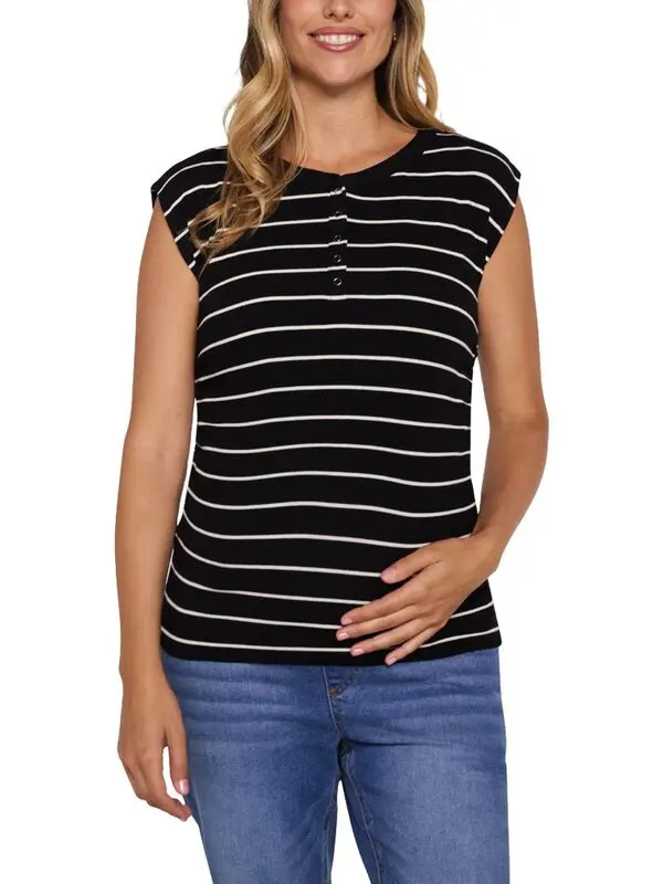 Motherhood Maternity Henley Muscle Tee With Ruching - Black & Vanilla Stripe