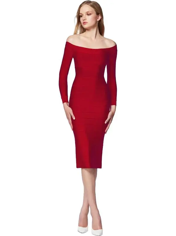 Herve Leger Icon Scoop Neck Midi Dress - Cherry