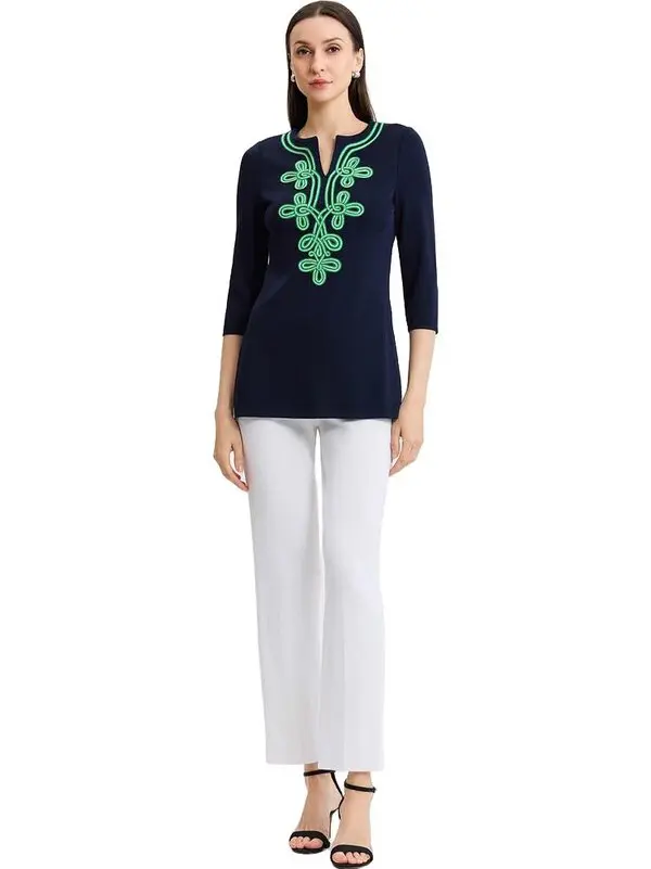 Ming Wang Classic Soutache Soft Knit Tunic - Indigo/kelly Green/ivory