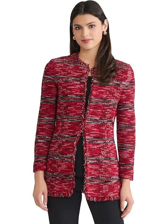 Ming Wang Tailored Melange Fringe Trim Knit Jacket - Holiday/black/ivory