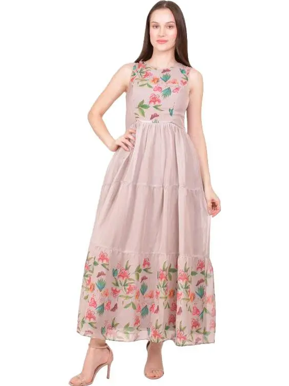 RAAS Floral Organza Tiered Maxi Dress - Blush