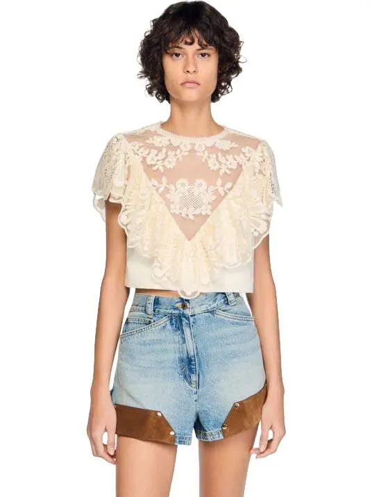 Sandro Floral Guipure Lace Crop Top - Vanilla