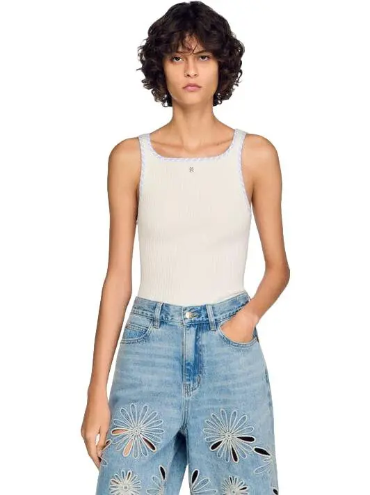 Sandro Ribbed Knit Vest Top With Striped Trim - Ecru