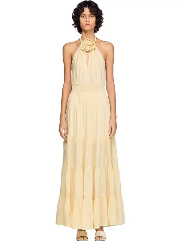 Sandro Floral Print Linen Maxi Dress - Vanilla