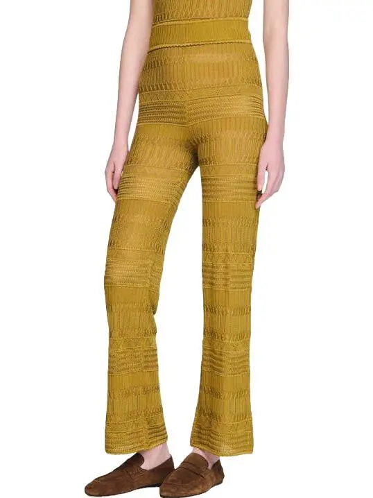 Sandro Pointelle Knit Flared Trousers - Olive