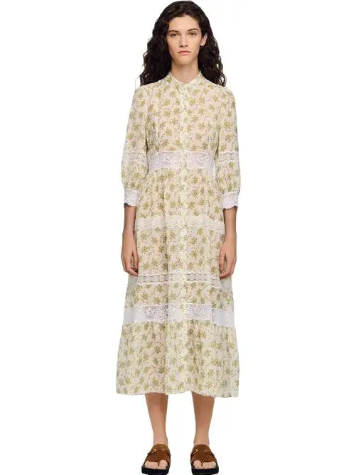 Sandro Floral Lace Trim Maxi Dress - Olive/ecru