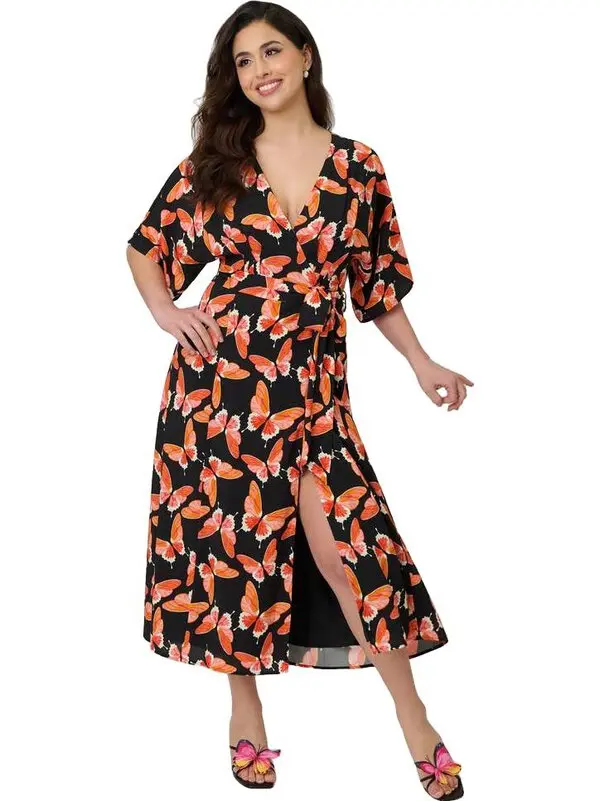 Unique Vintage 1970s Butterfly Print Wrap Midi Dress - Black W/red Butterfly Print