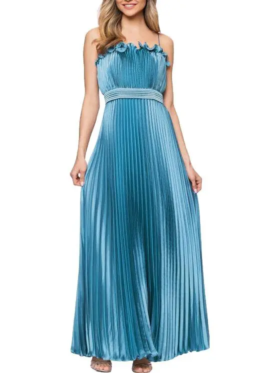 Betsy & Adam Ruffled Trim Appliqué Pleated Gown - Dark Aqua