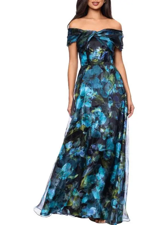 Betsy & Adam Off-the-shoulder Floral Print Organza Gown - Black/teal