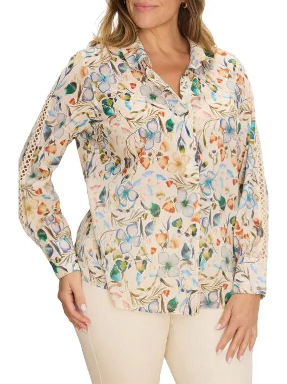 NIC+ZOE Pressed Flowers Woven Cotton Shirt - Neutral Multi