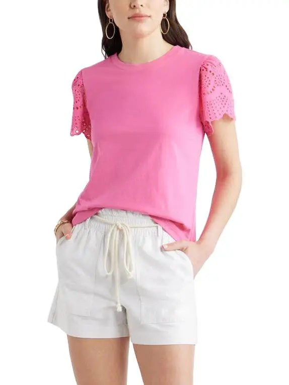 Caslon Eyelet Sleeve Mixed Media T-shirt - Pink Shock