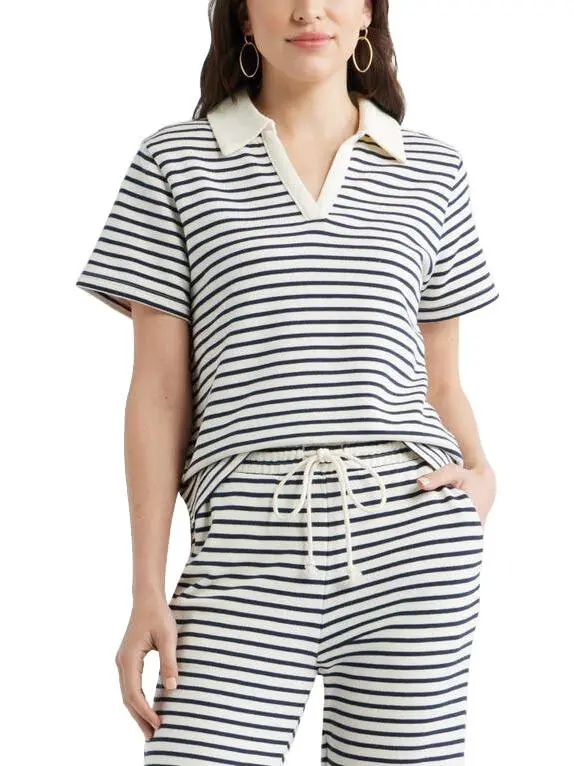 Caslon French Terry Polo With Johnny Collar - Ivory- Navy Stripe
