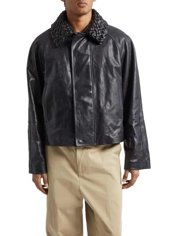 Bottega Veneta Intrecciato Collar Crackled Leather Jacket - 1010 Double Black