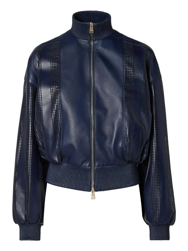 Fendi Leather Blouson Jacket With High Collar And Embossed Logo - Blue