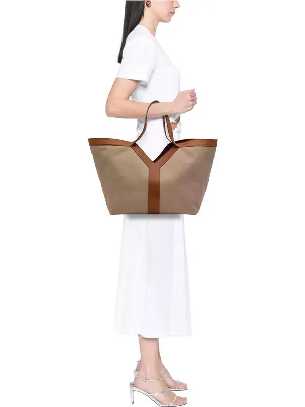 Saint Laurent Canvas Y Tote Bag With Leather Trim - Brown